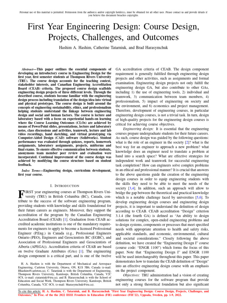 First Year Engineering Design Course Design Projects Challenges and Outcomes | PDF