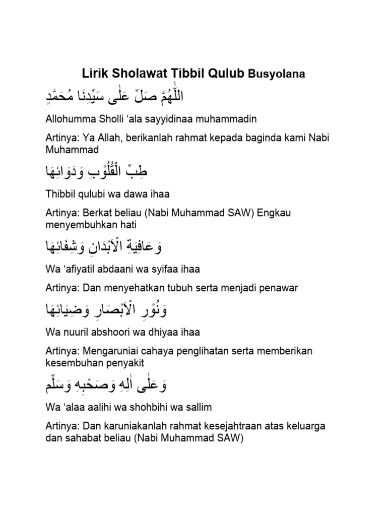 Lirik Sholawat Tibbil Qulub Busyolana | PDF