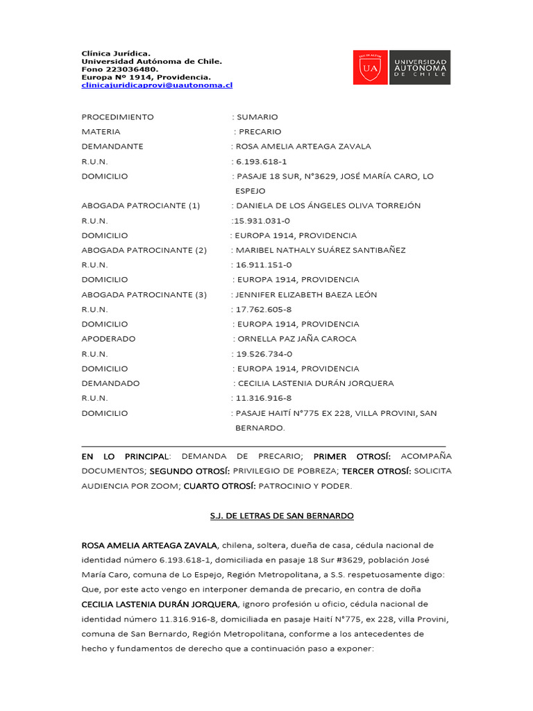 Demanda de Precario en San Bernardo | PDF