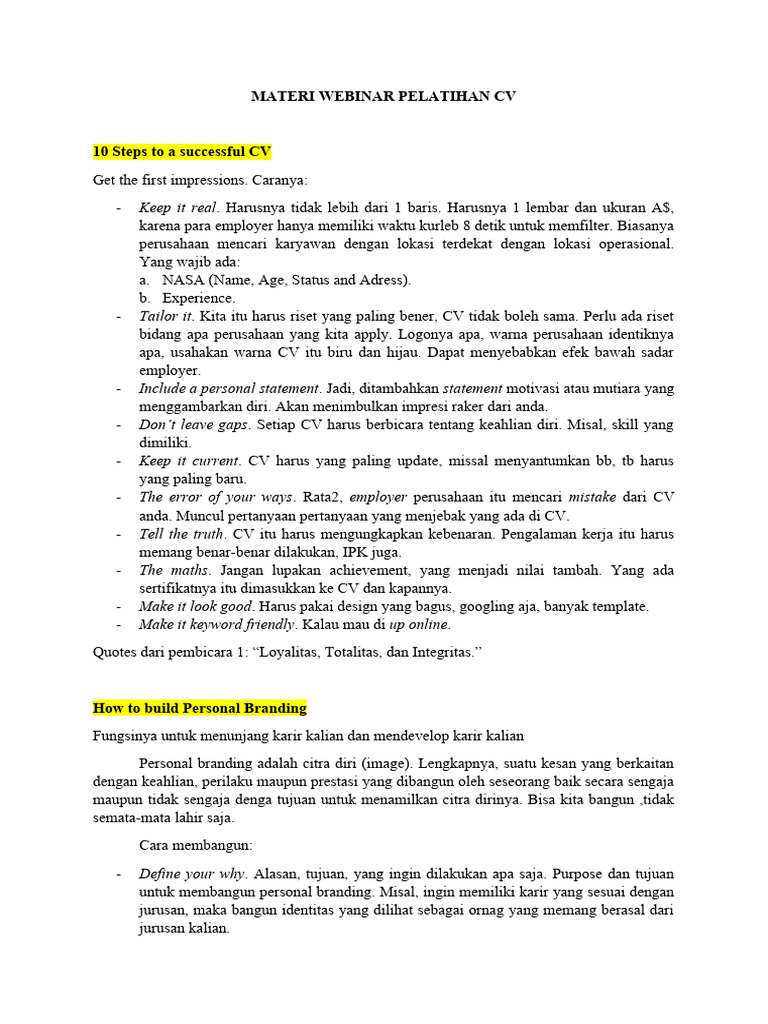 Materi Webinar Pelatihan CV | PDF