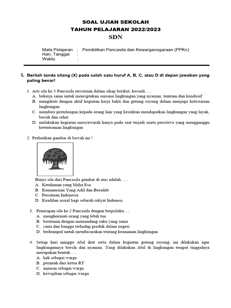 SOAL US PPKn TAHUN PELAJARAN 2022 & 2023 | PDF