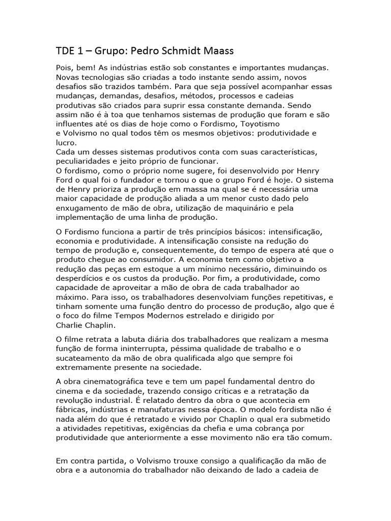 TDE 1 - Volvismo, Fordismo, Etc (Versão Pronta) | PDF | Produção e ...