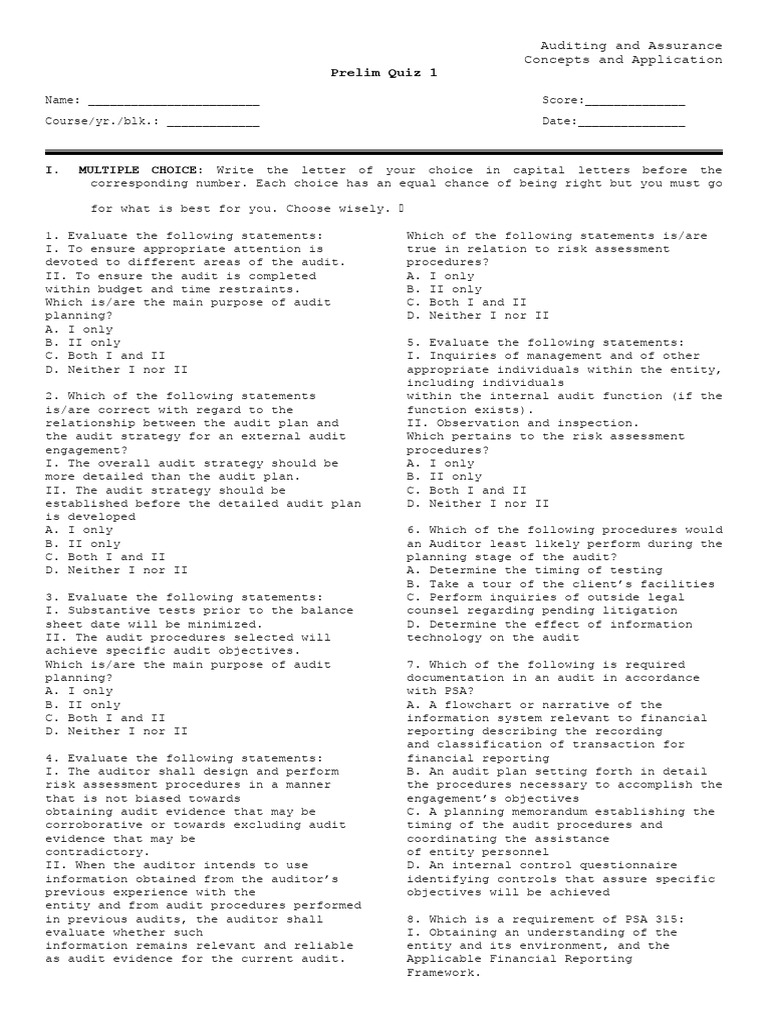 Auditing Theory Prelim Quiz | PDF | Audit | Internal Control