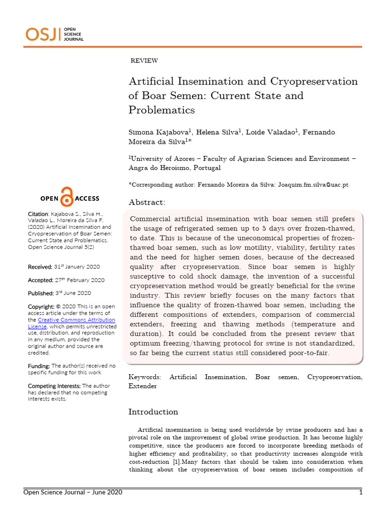 Artificial Insemination and Cryopreservation of Boar Semen: Current State and Problematics | PDF