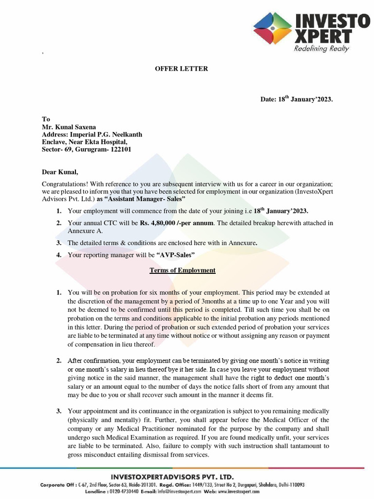 Offer Letter - Kunal Saxena (Gurgaon) | PDF | Salary | Employment