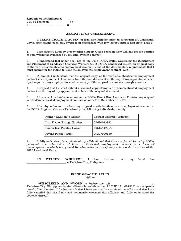 Affidavit for POEA Employment Contract Submission | PDF