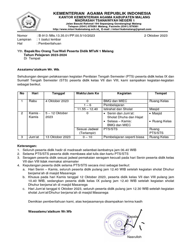Surat Pemberitahuan Kegiatan PTS-STS Ganjil Tapel 2023-2024 | PDF