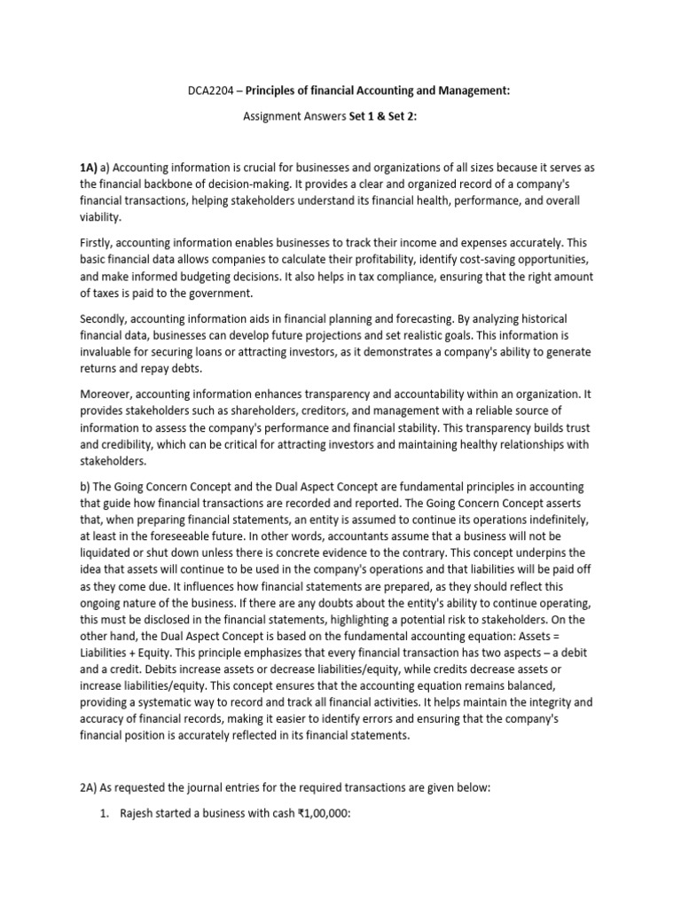 DCA2204 Principles of Financial Accounting and Management | PDF