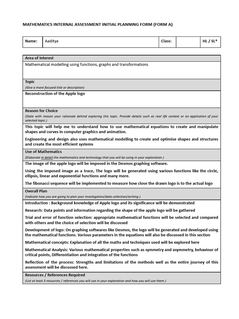 Math IA Proposal Form (Aaditya) | PDF