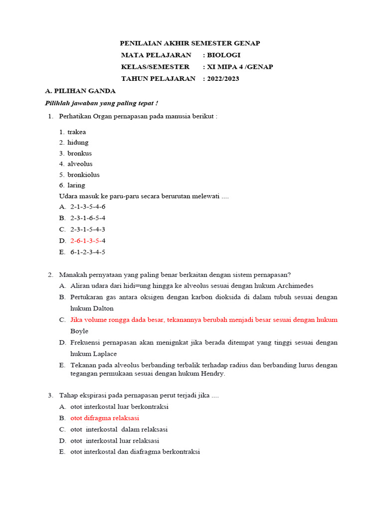 Soal Penilaian Akhir Semester Bio 2023 | PDF