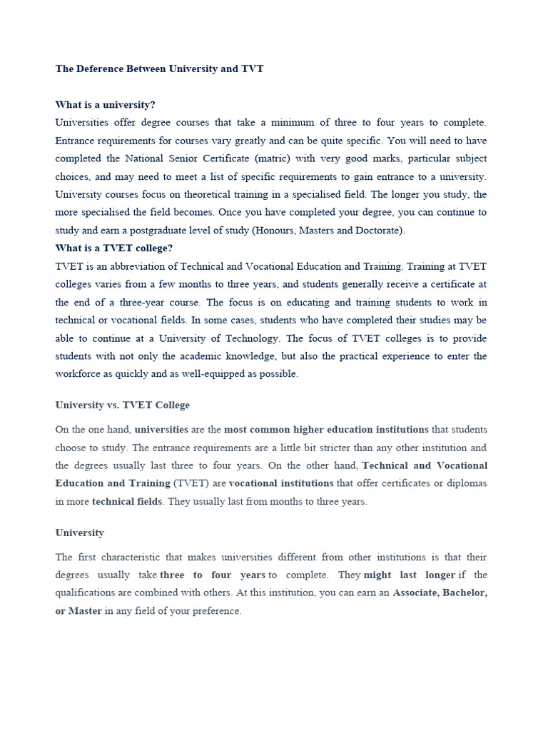 The Deference Between University and TVT | PDF
