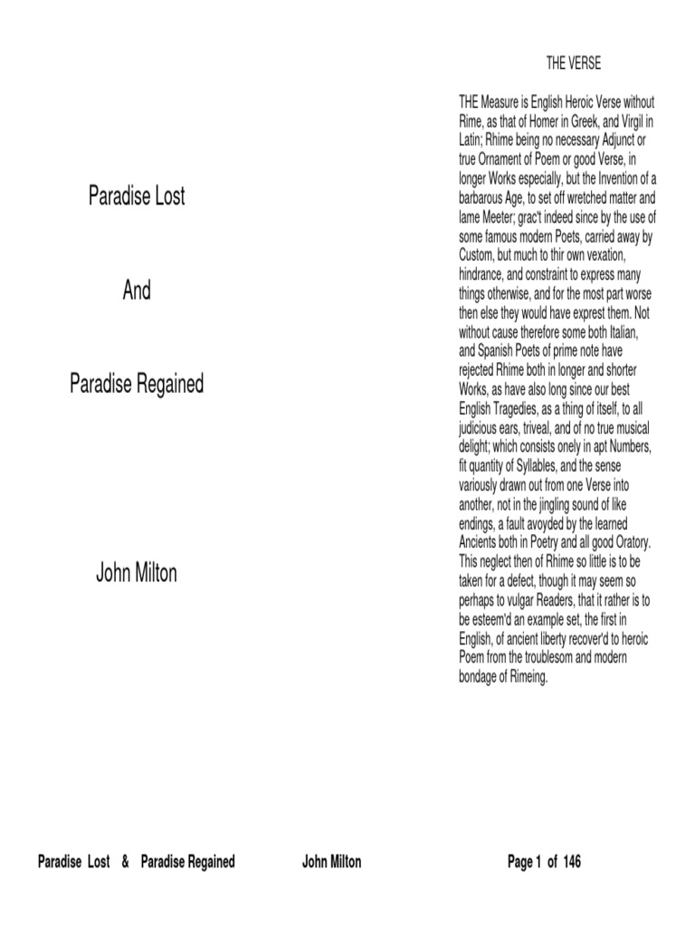 Paradise Lost and Paradise Regained John Milton | PDF