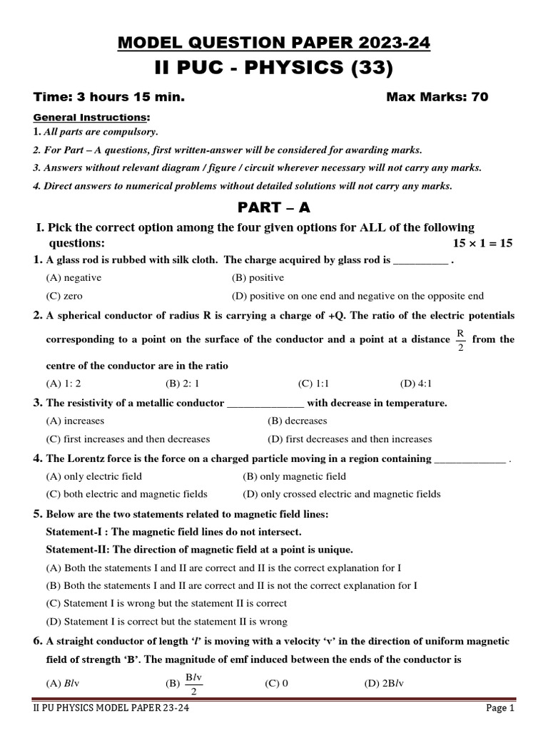II PU Physics Model Paper 2023-24 | PDF