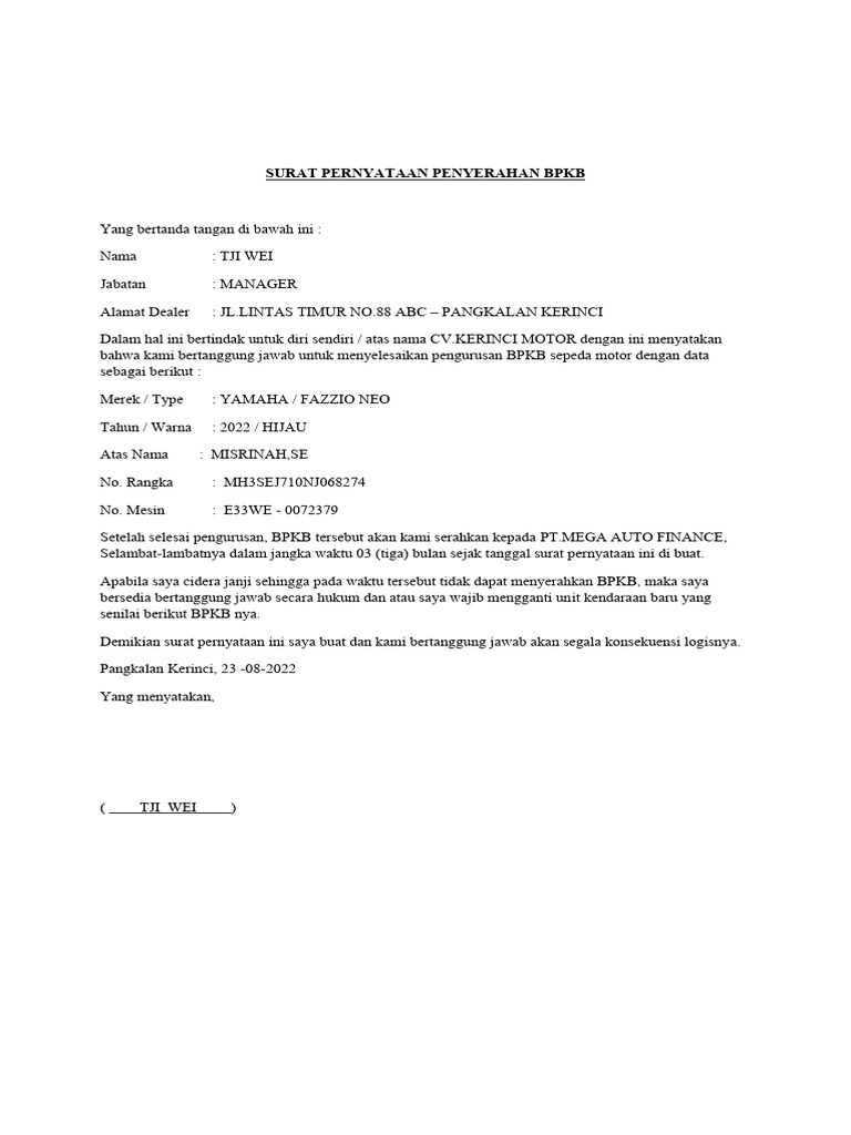 Surat Pernyataan Penyerahan BPKB (Leasing) | PDF