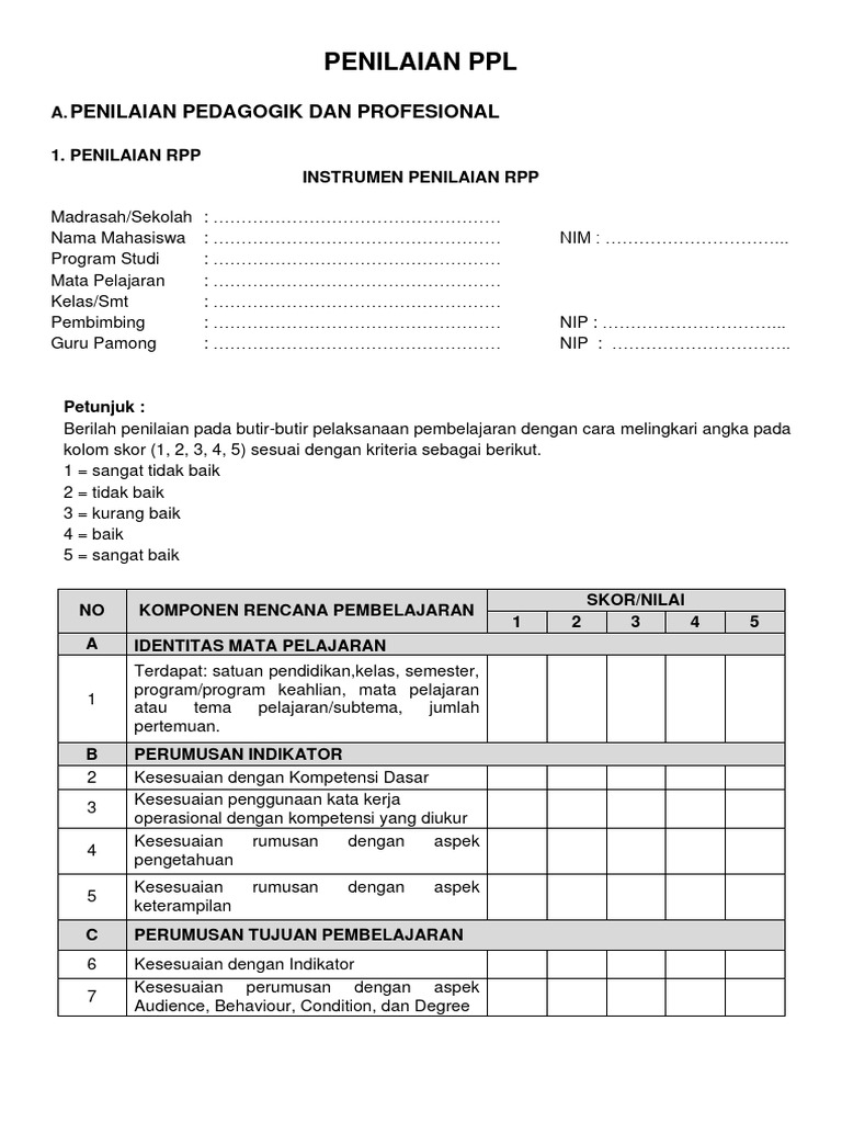Form Penilaian PPL | PDF
