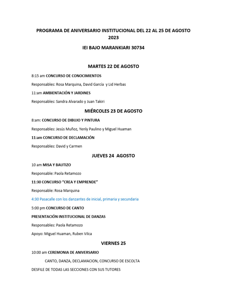 Aniversario IEI Bajo Marankiari 2023 | PDF