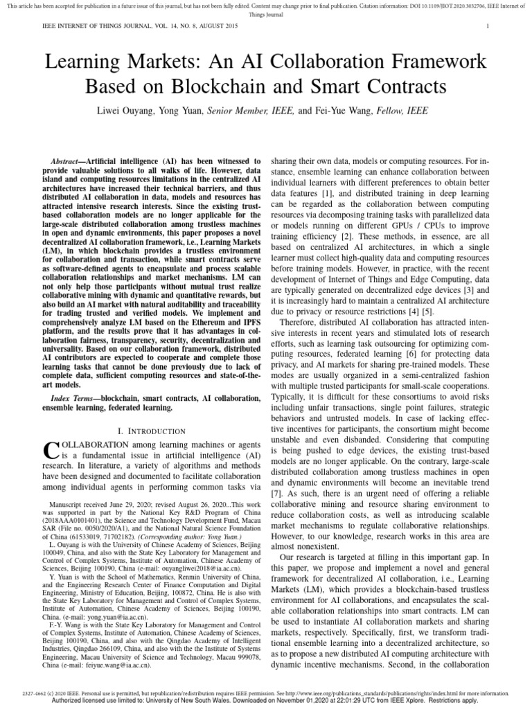 Learning Markets An AI Collaboration Framework Based On Blockchain and Smart Contracts | PDF ...