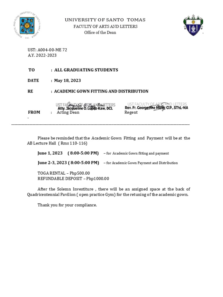 MEMO 72 Academic Gown Fitting and Payment | PDF