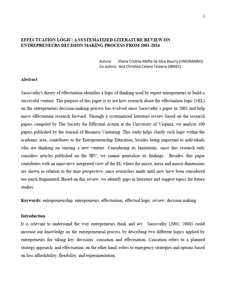 Effectuation Logic: A Systematized Literature Review On Entrepreneurs ...