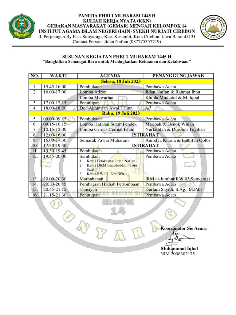 Susunan Kegiatan Phbi 1 Muharam 1445 H | PDF