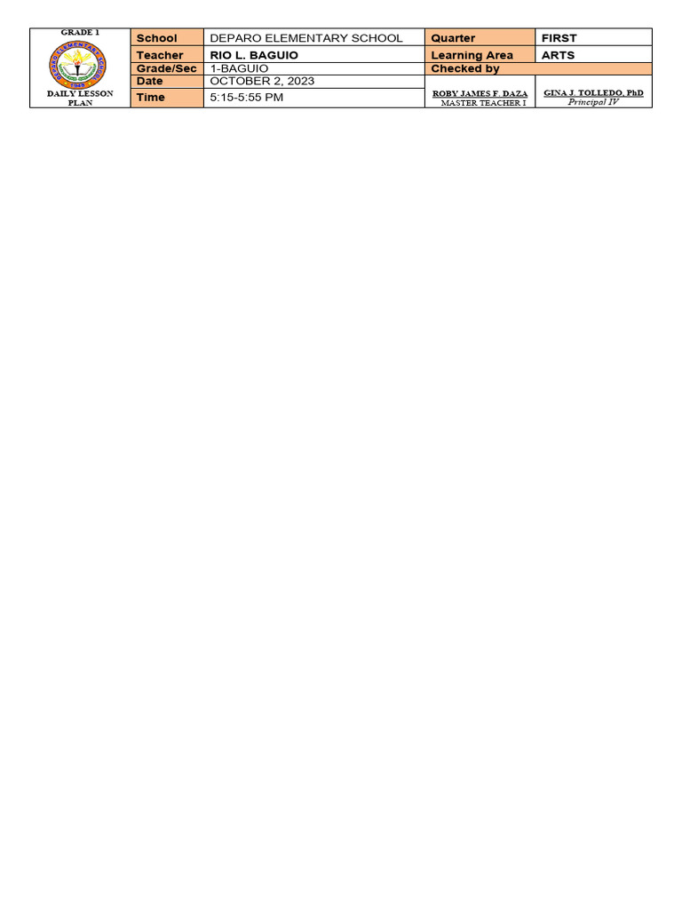 Lesson Pan in Arts Grade 1 Quarter 1 | PDF