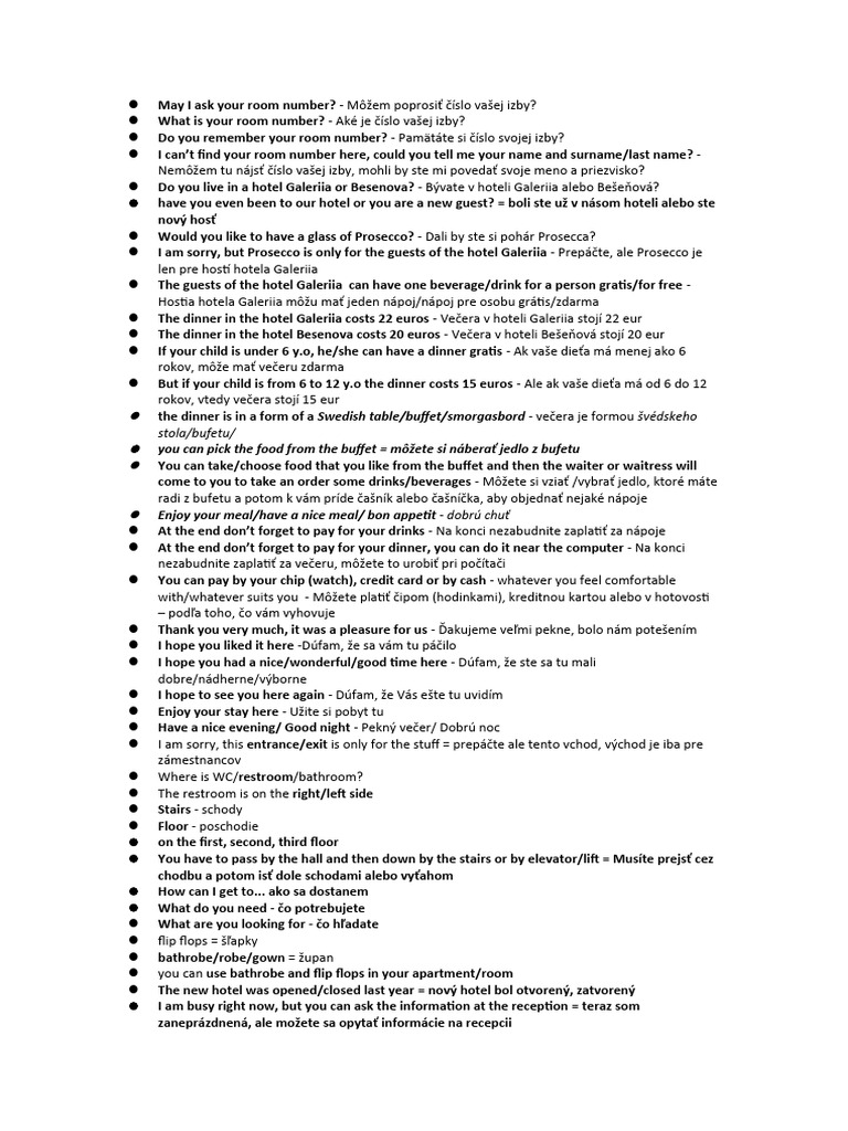 Hotel Management Phrases | PDF