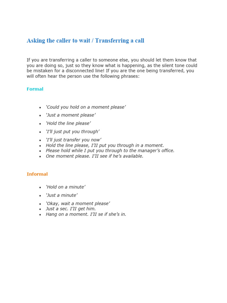 Call Transfer Phrases Guide | PDF
