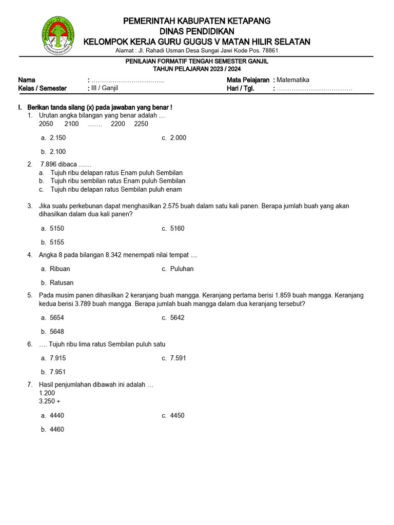 Soal Pts MTK Kls 3 SMTR Ganjil | PDF