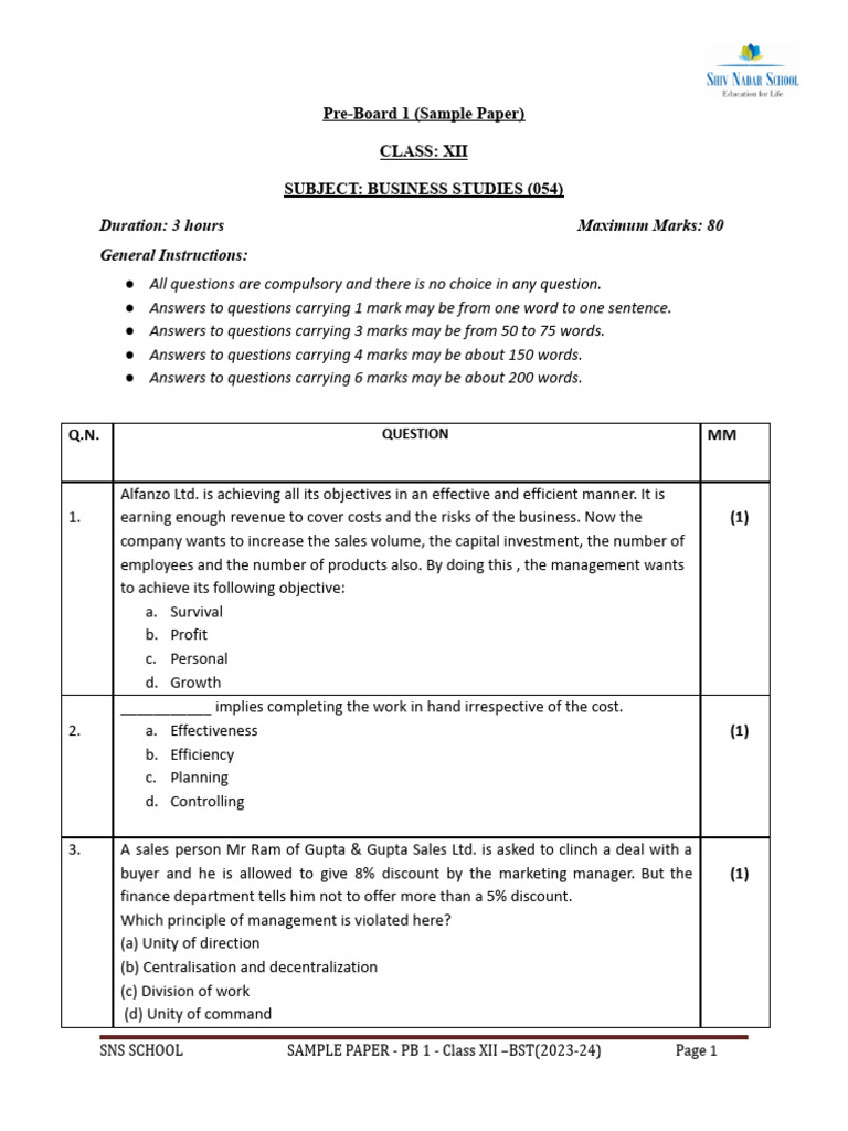 12 - Business Studies PB1 Sample Paper | PDF