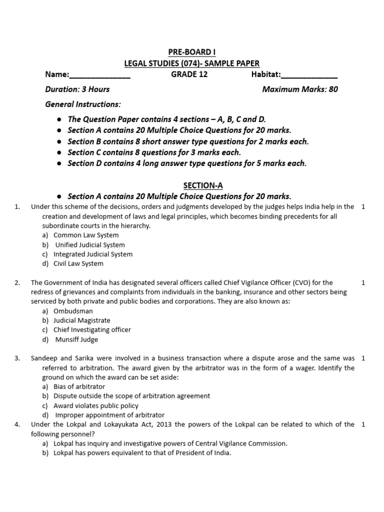 Class 12 Legal Studies Sample Paper | PDF
