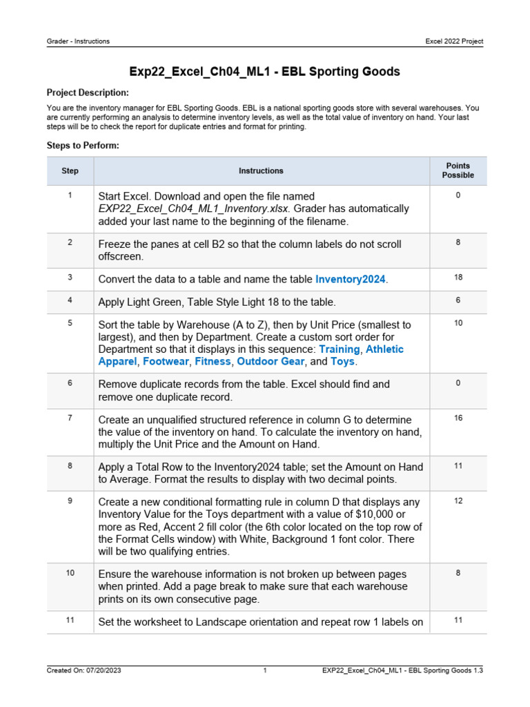 Exp22 - Excel - Ch04 - ML1 - EBL Sporting Goods - Instructions | PDF