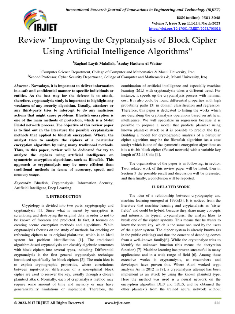 improving cryptanalysis of block c using AI algorithms | PDF