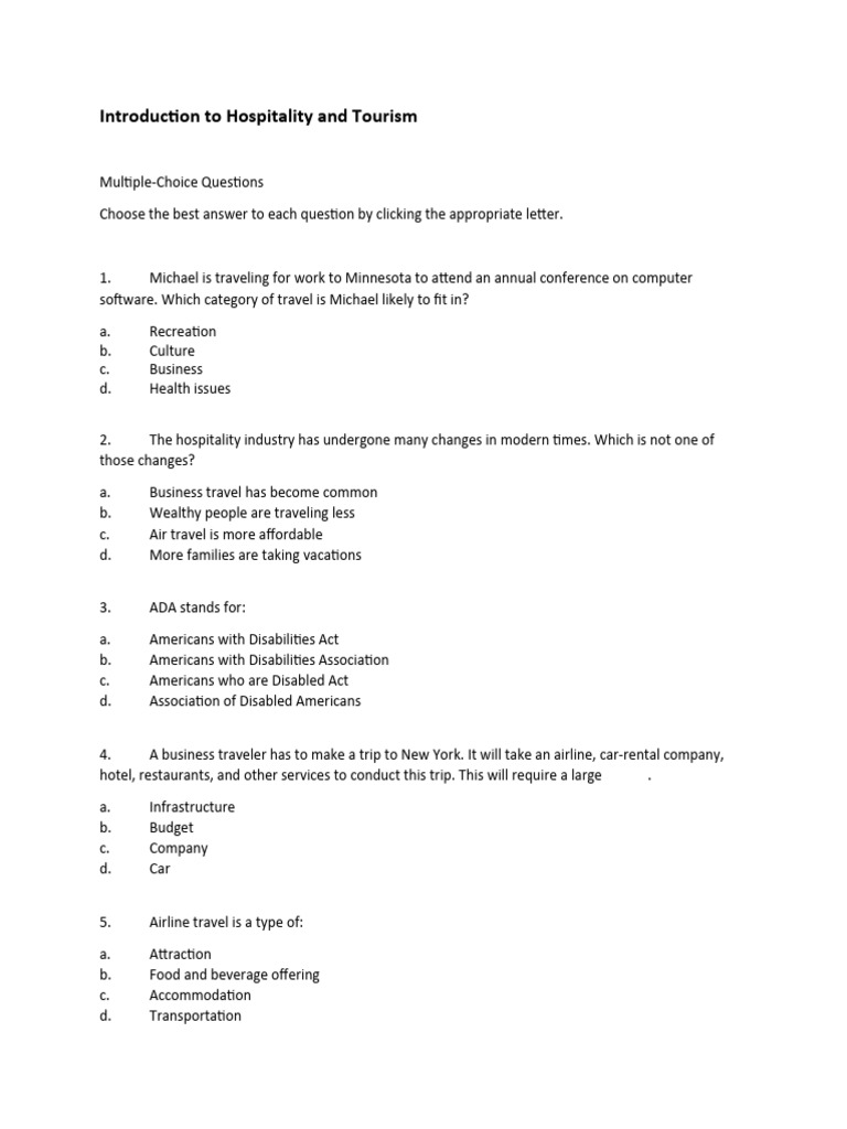Hospitality and Tourism Quiz Questions | PDF