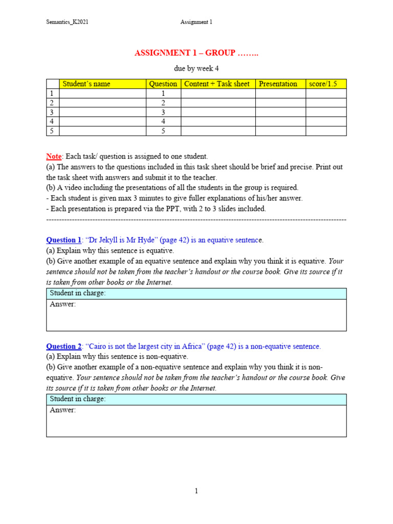 Semantics Assignment: Equative vs Non-Equative | PDF