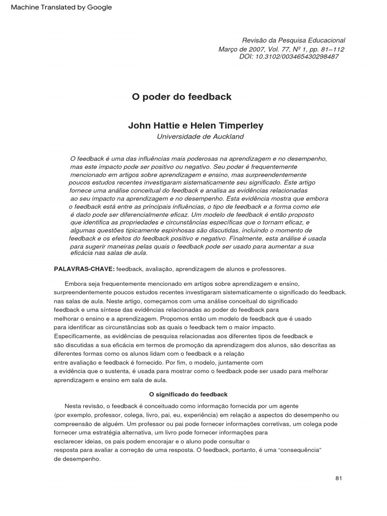 The Power of Feedback | PDF | Aprendizado | Comentários