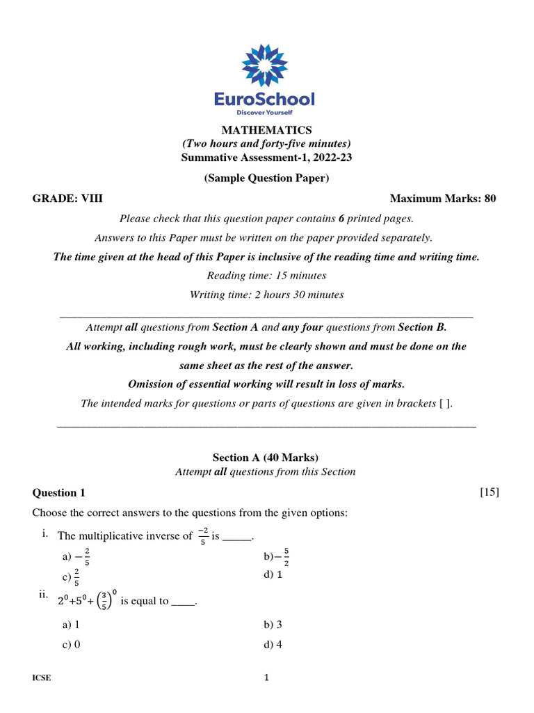 ICSEMath8SA1AY2223SampleQP | PDF | Area | Mathematics