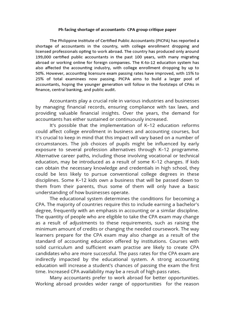 PH Facing Shortage of Accountants - CPA Group Critique Paper | PDF