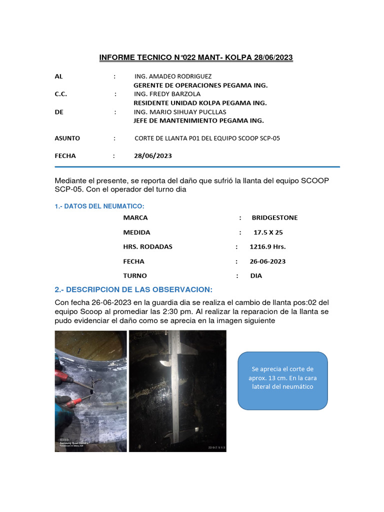 INFORME N°022 CORTE DE LLANTA - SCP 05 | PDF