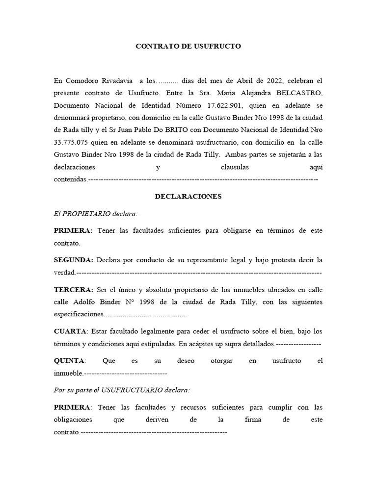 CONTRATO DE USUFRUCTO | PDF | Propiedad | Derecho privado