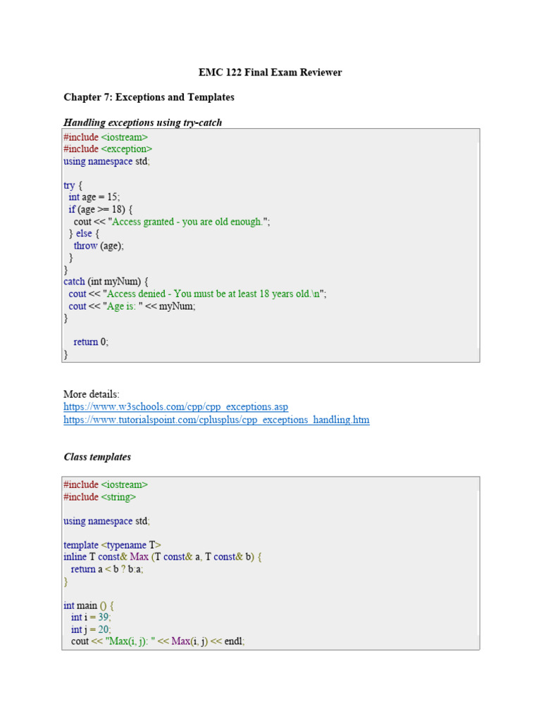 C++ Exam Prep: Exceptions & Data Structures | PDF