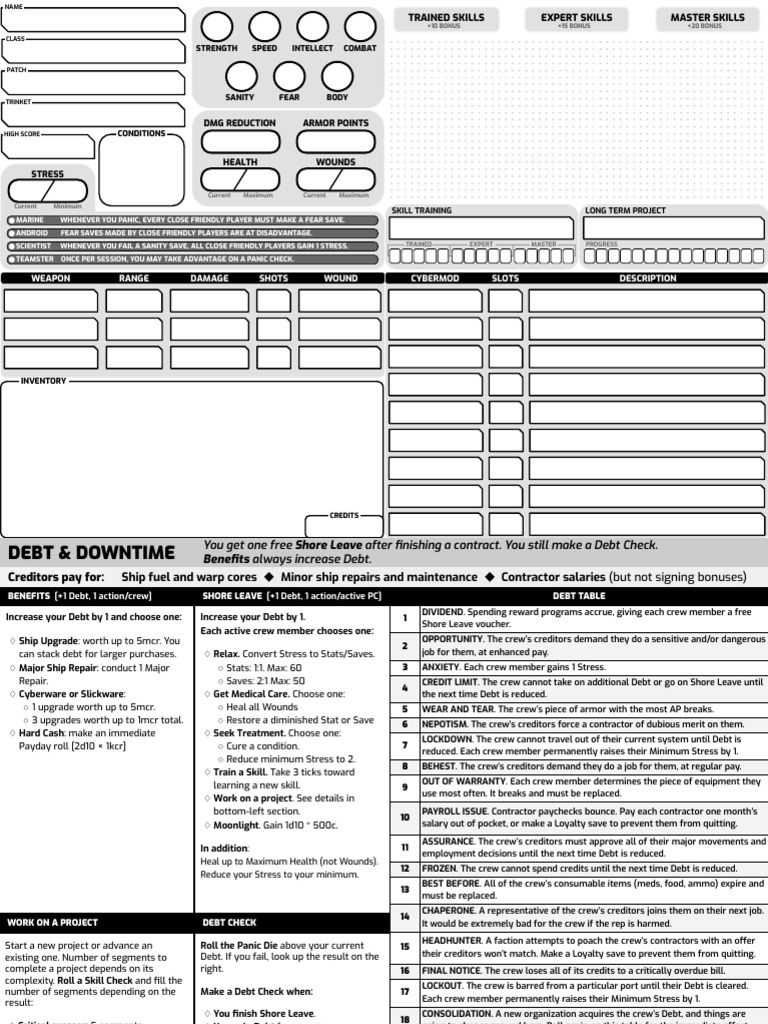 Mothership - Char Sheet Debt Downtime Handout | PDF | Debt