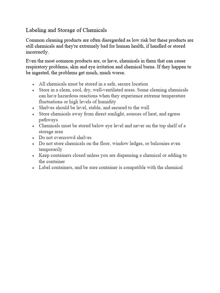 Safe Chemical Storage Guidelines | PDF
