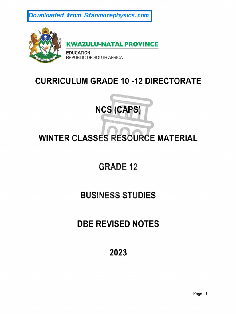 Business Studies Grade 12 Study Notes 2023 1 | PDF