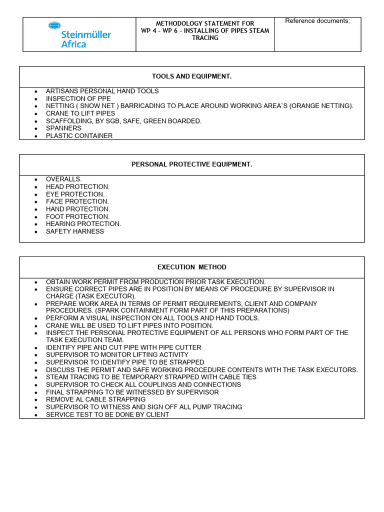 Methodology Statement For Installing Pipe Steam Tracing | PDF