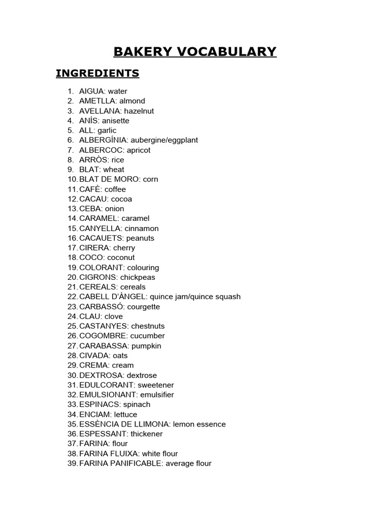 Bakery Vocabulary | PDF