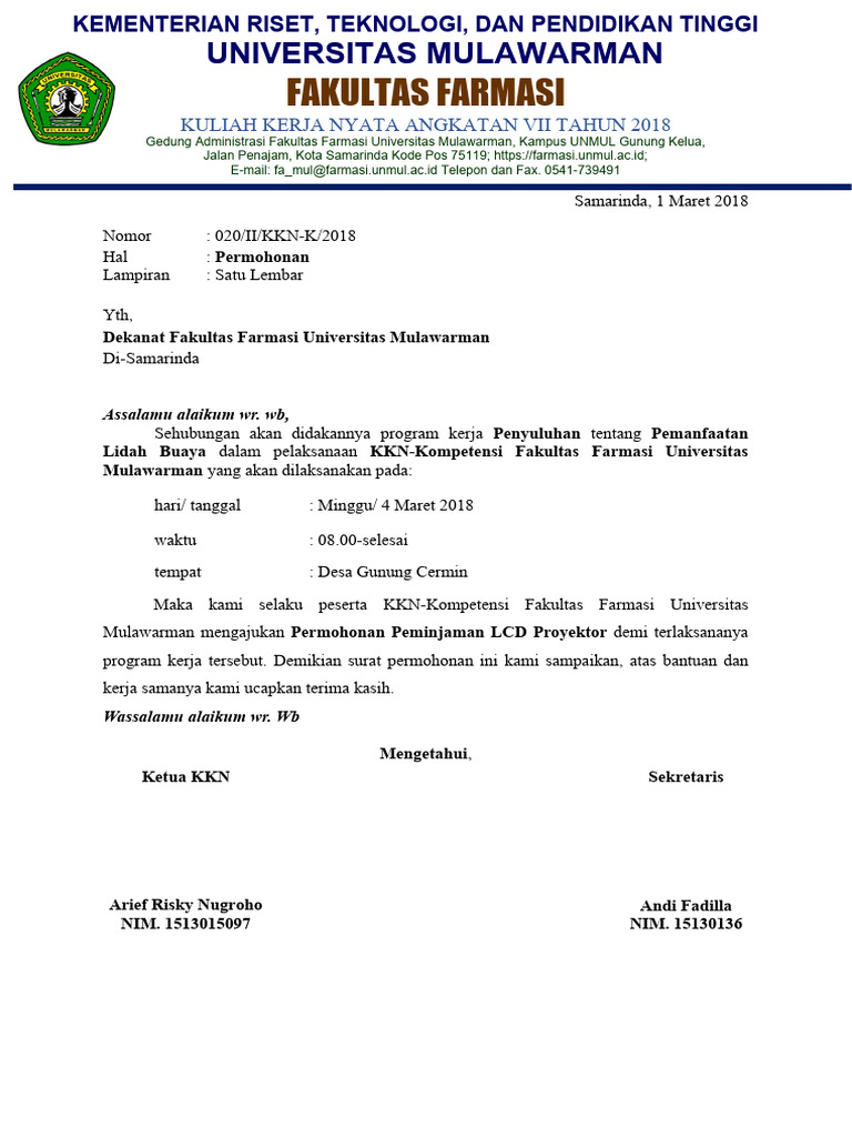 surat peminjaman proyektor | PDF