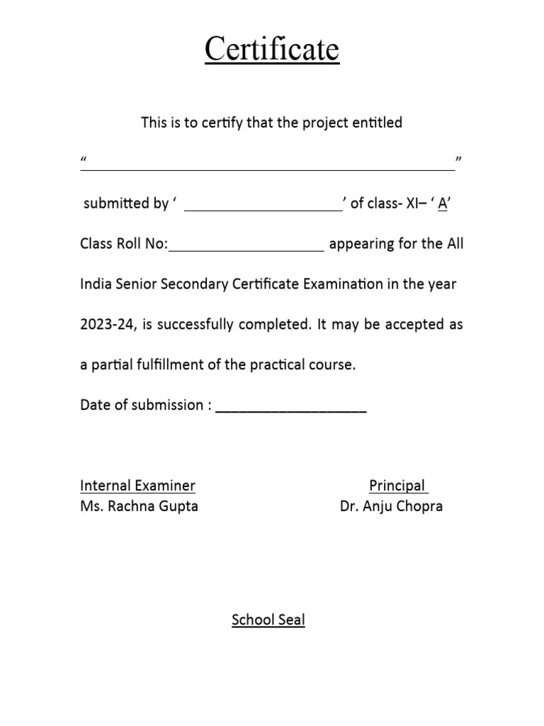 Class XI Project Completion Certificate | PDF