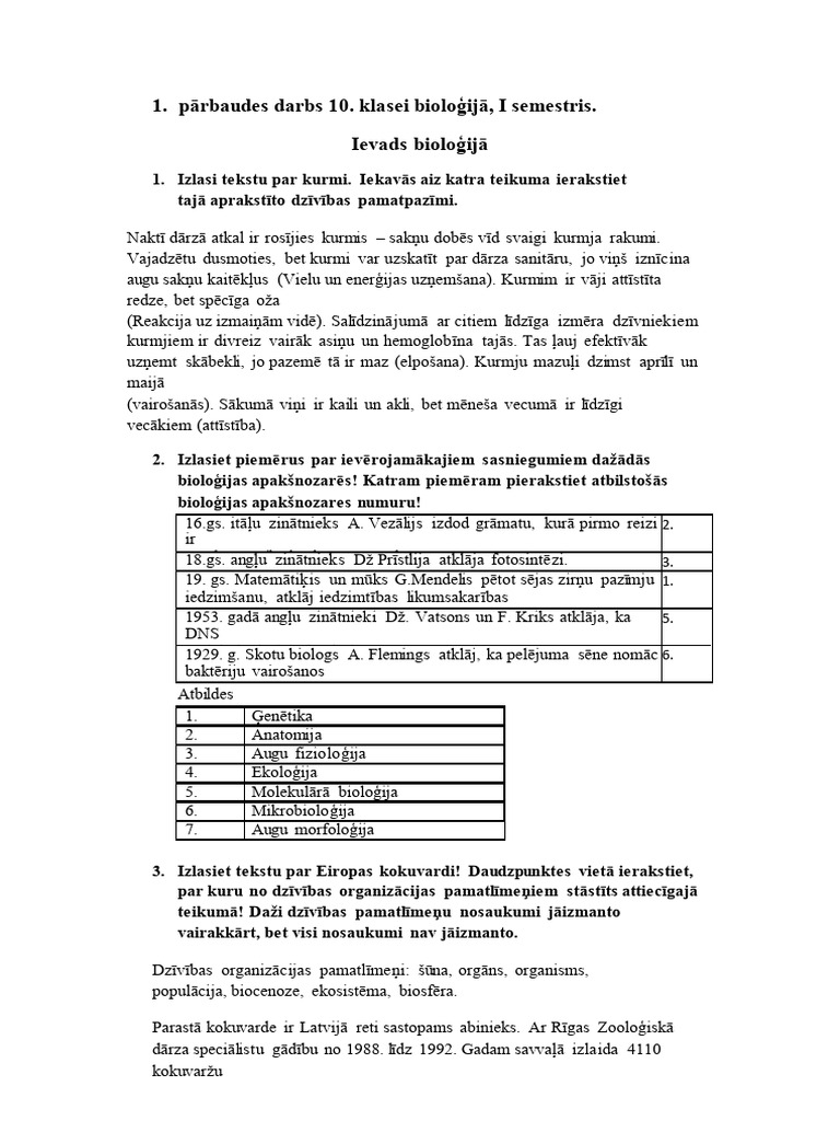 Parbaudes Darbs Biologija 10. Klasei 1 | PDF