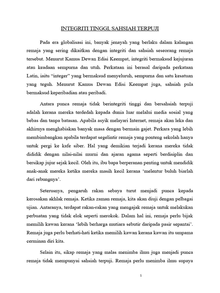 Integriti Tinggi, Sahsiah Terpuji | PDF