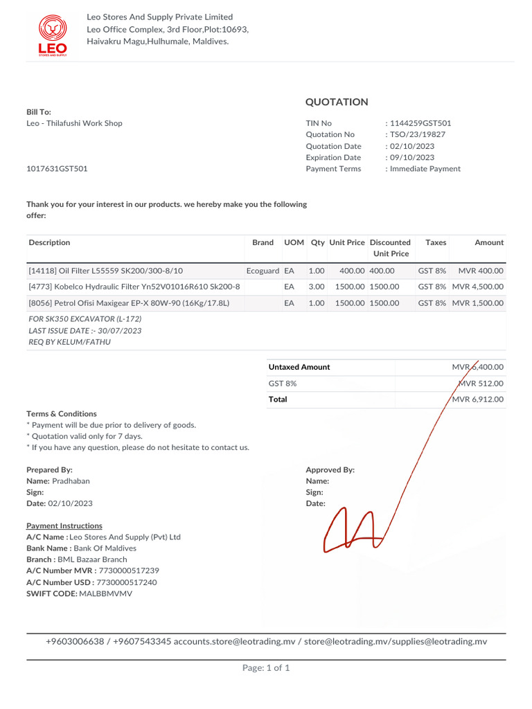 Quotation: FOR SK350 EXCAVATOR (L-172) LAST ISSUE DATE:-30/07/2023 Req by Kelum/Fathu | PDF ...